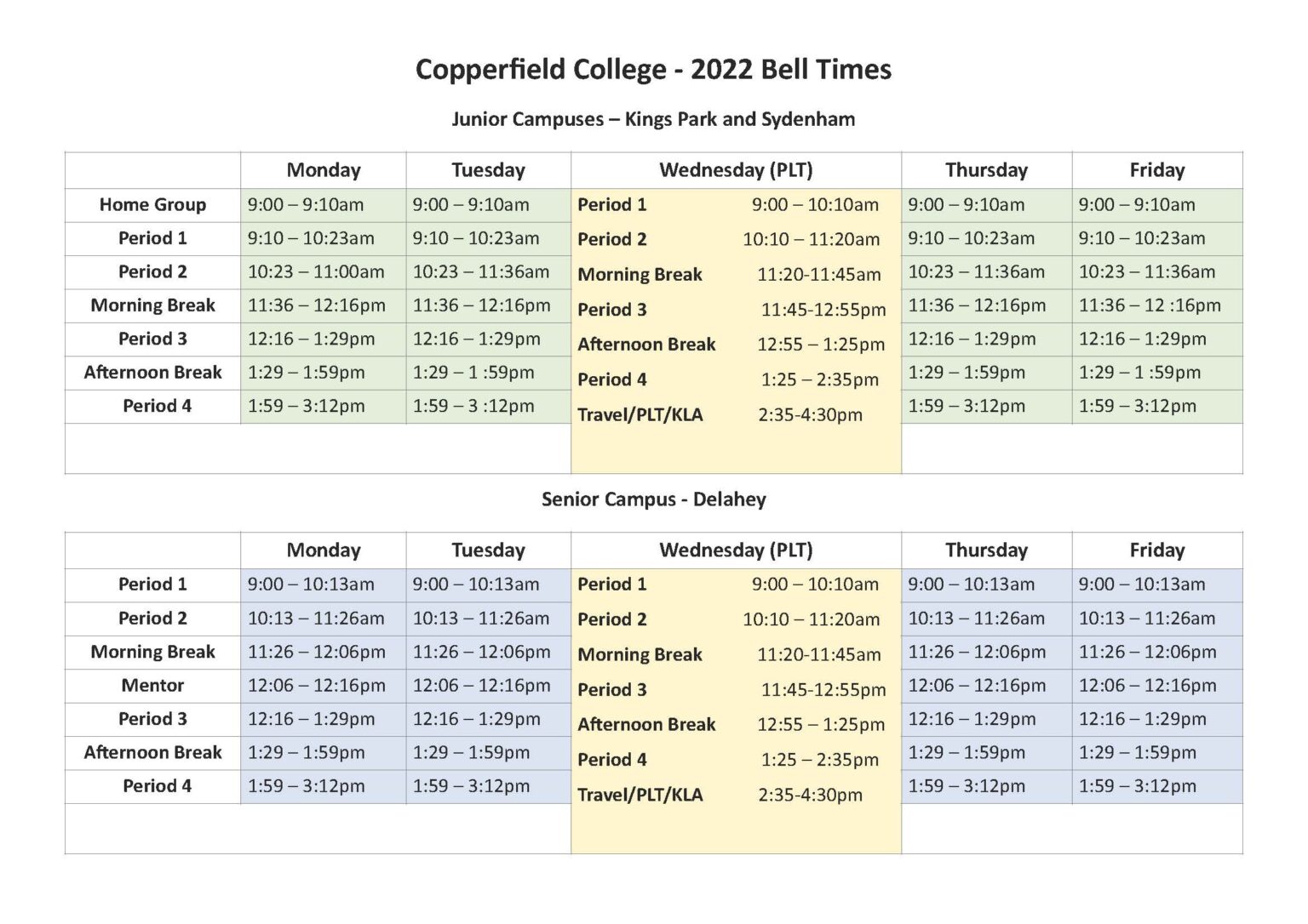 2022 Bell times | Copperfield College